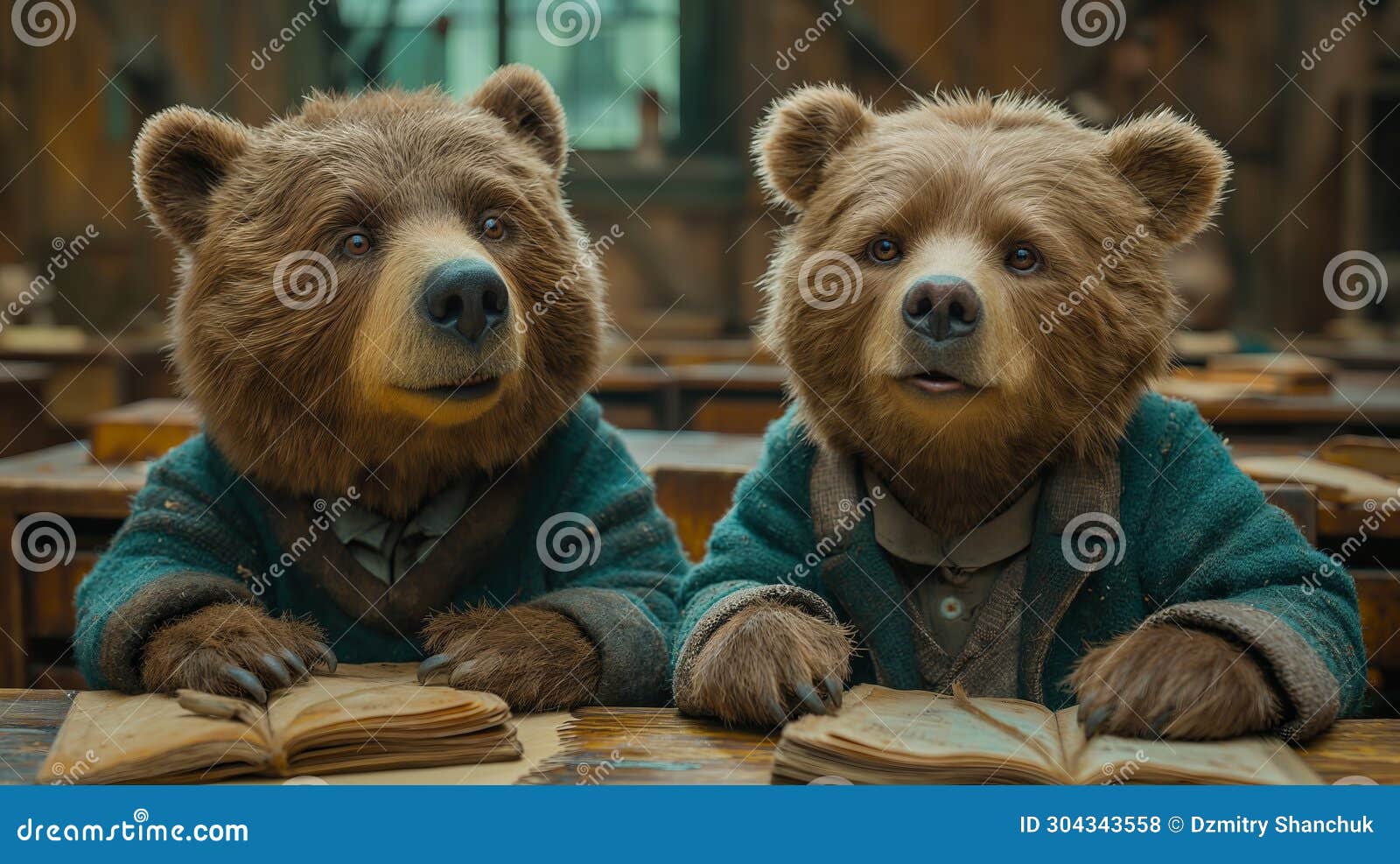 Two Brown Bears Sitting at the Table and Reading a Book. Toned Stock ...