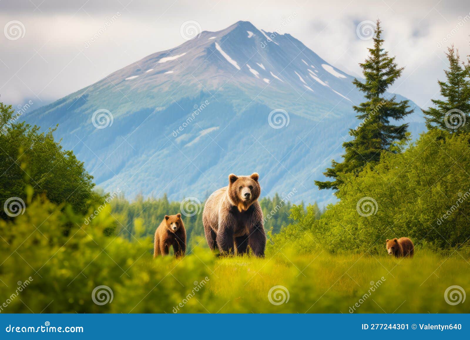 Two Brown Bears Standing in Grassy Field with Mountain in the ...