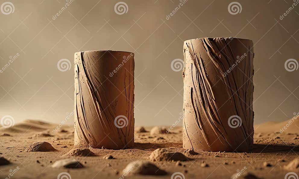 Two Brown Objects are Sitting on the Sand, One on the Left and One on ...