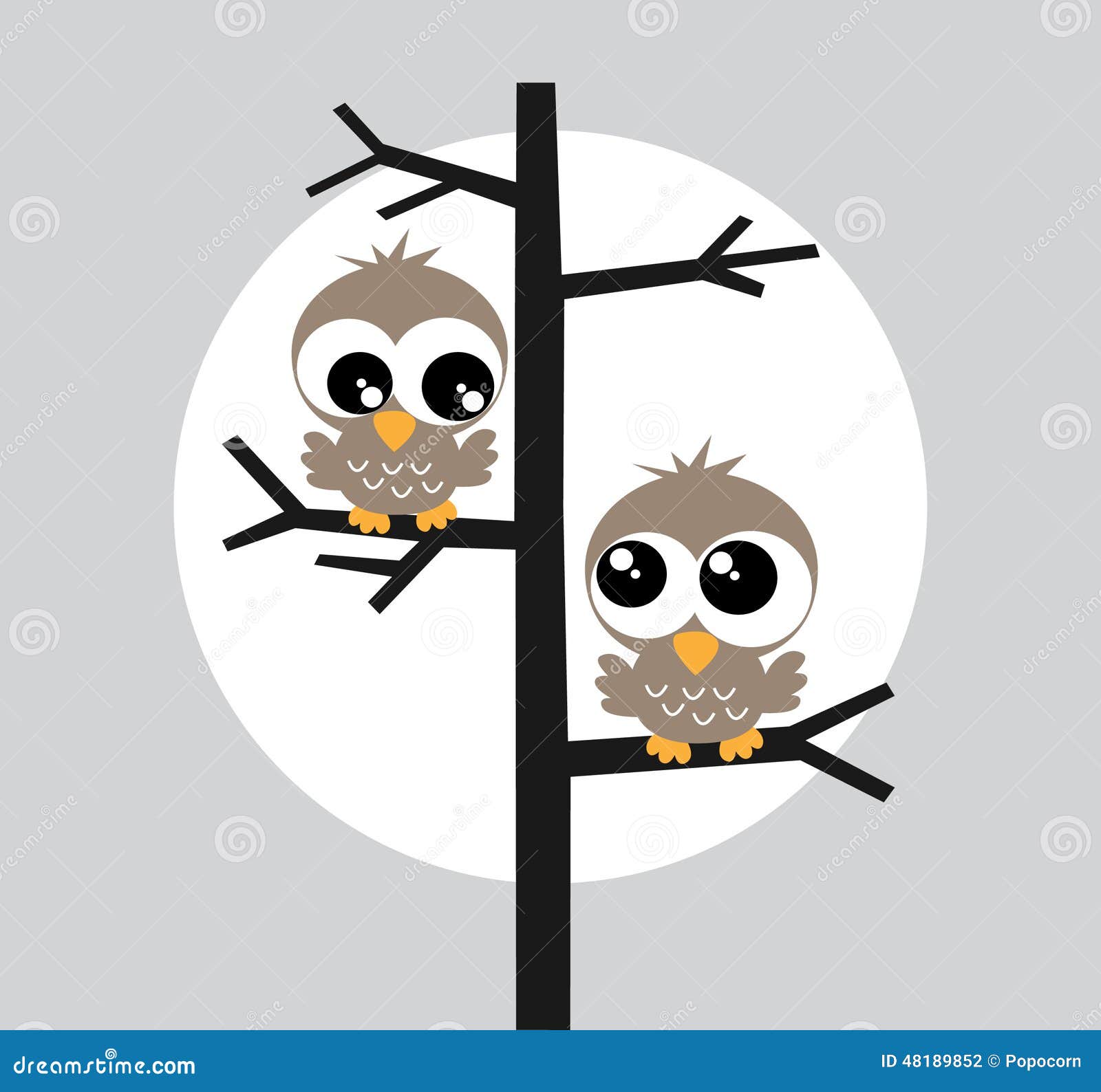Two Owls On The Tree. Leaves Blown By The Wind Cartoon Vector ...
