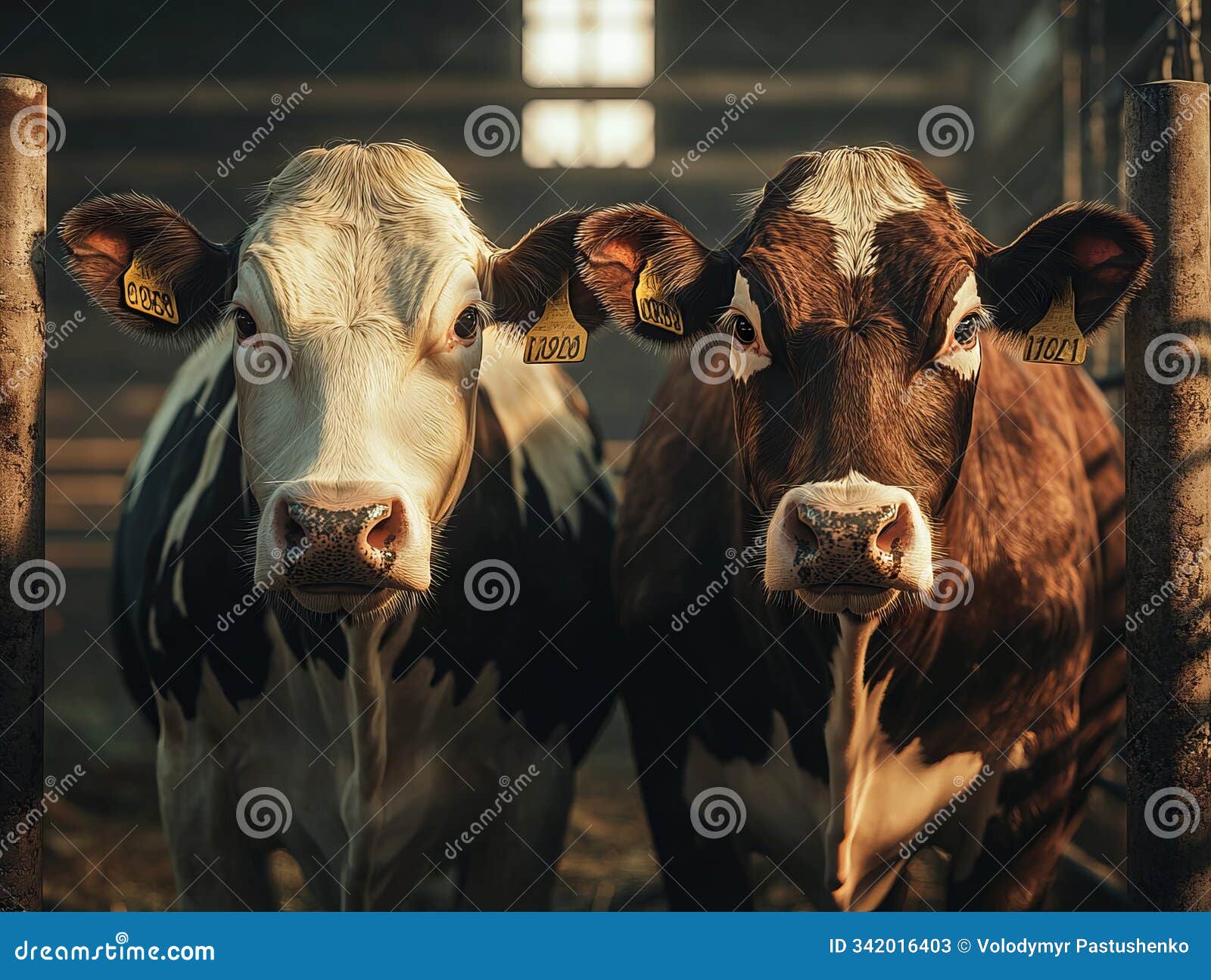 Two Brown and White Cows Standing Next To Each Other in a Barn Stock ...