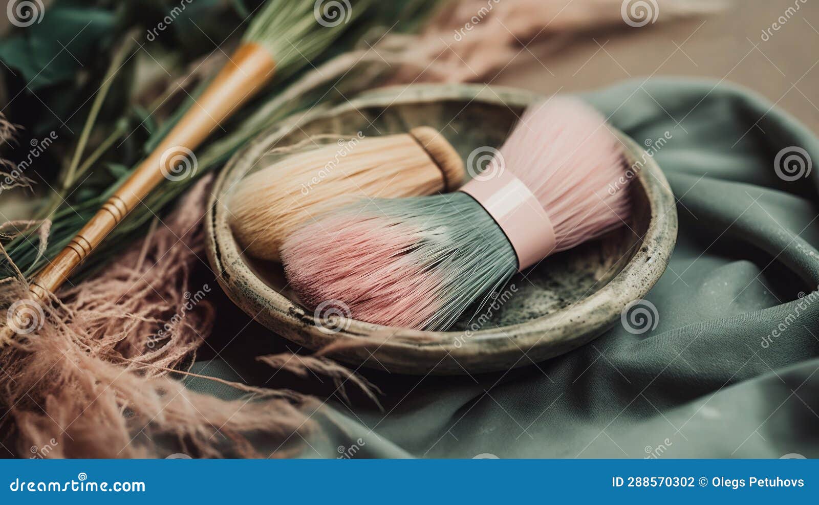 Two Brushes and a Bowl of Feathers on a Table Cloth Stock Photo - Image ...