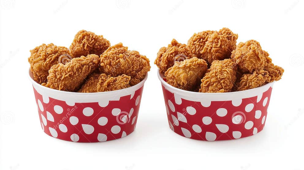Two Buckets of Fried Chicken in Red and White Containers on White ...