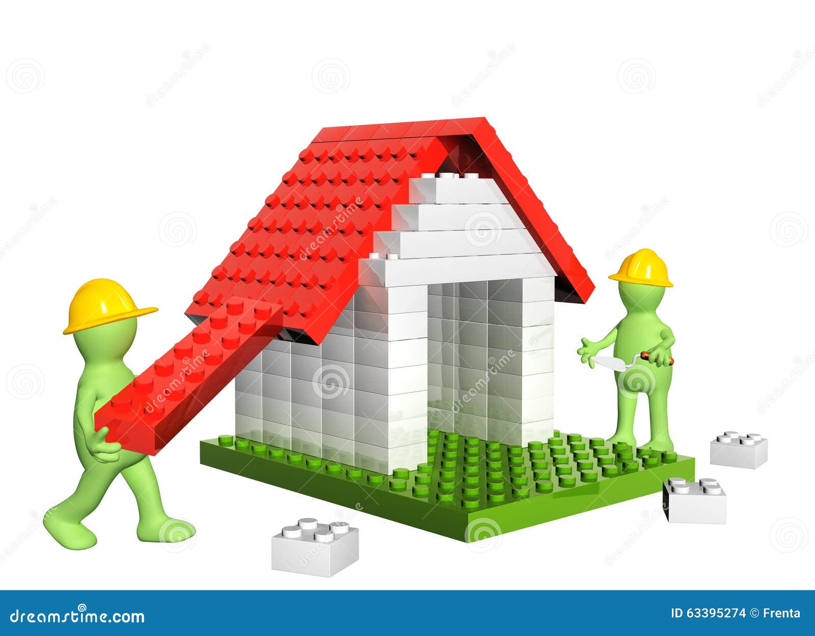Two Builders and House from 3d Plastic Toy Blocks Stock Illustration ...