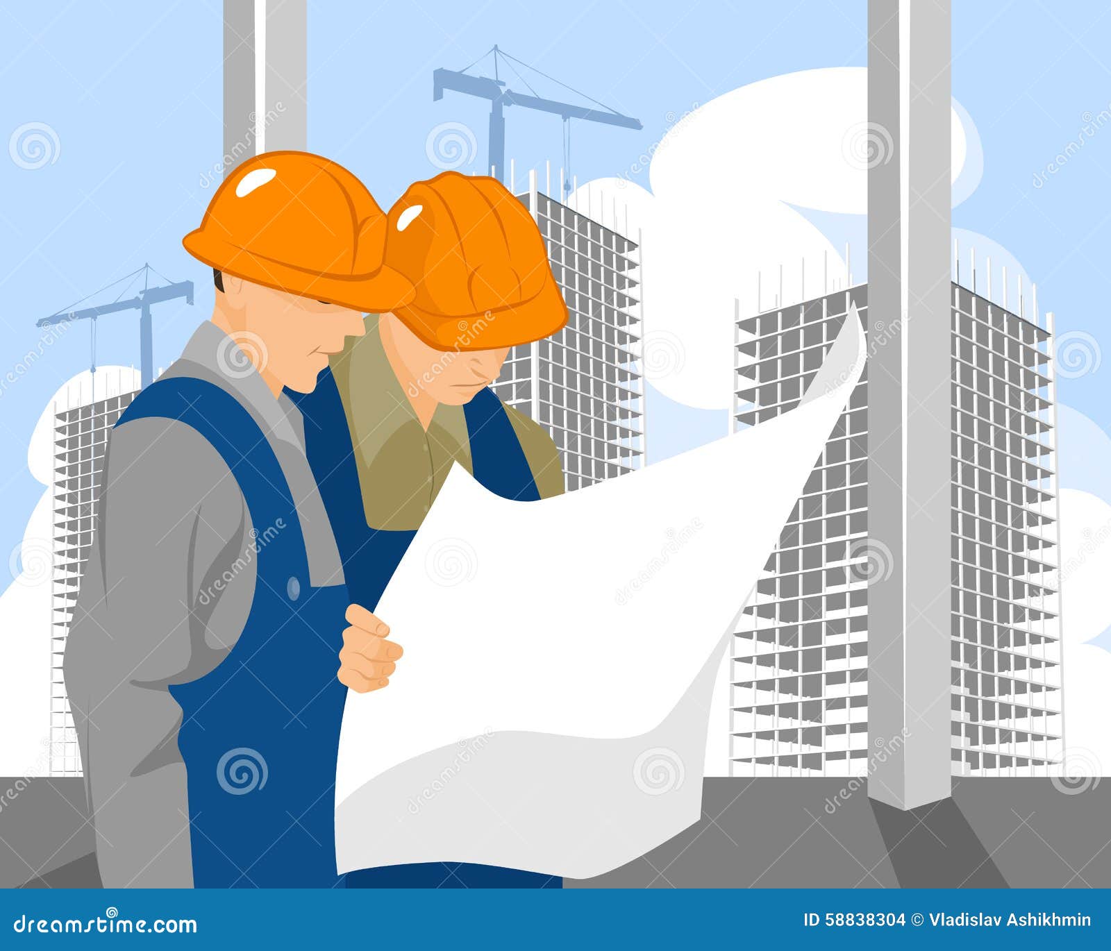 Two builders look on plan stock vector. Illustration of industry - 58838304