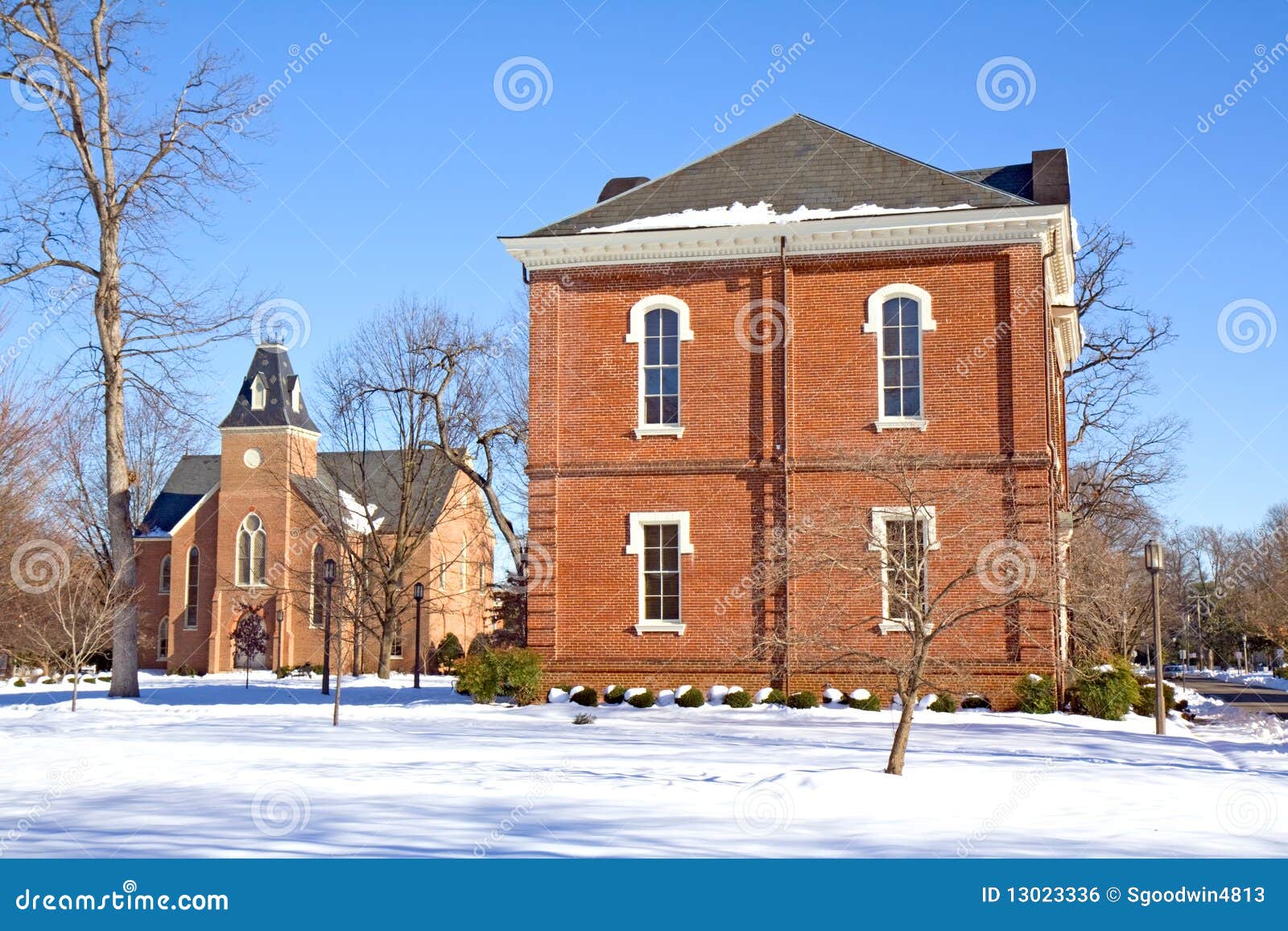 Two Buildings on a College Campus in Winter Stock Photo - Image of ...