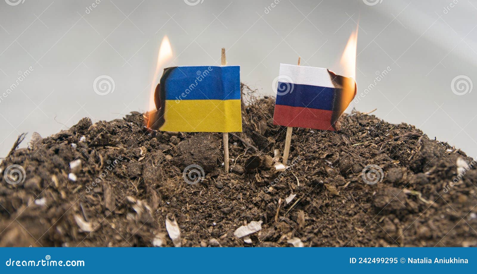Two Burning Flags of the Countries of Russia and Ukraine on Toothpicks ...