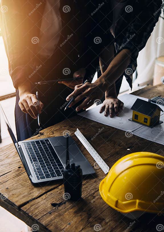 Two Business Man Construction Site Engineer. Engineering Objects on Workplace with Partners ...