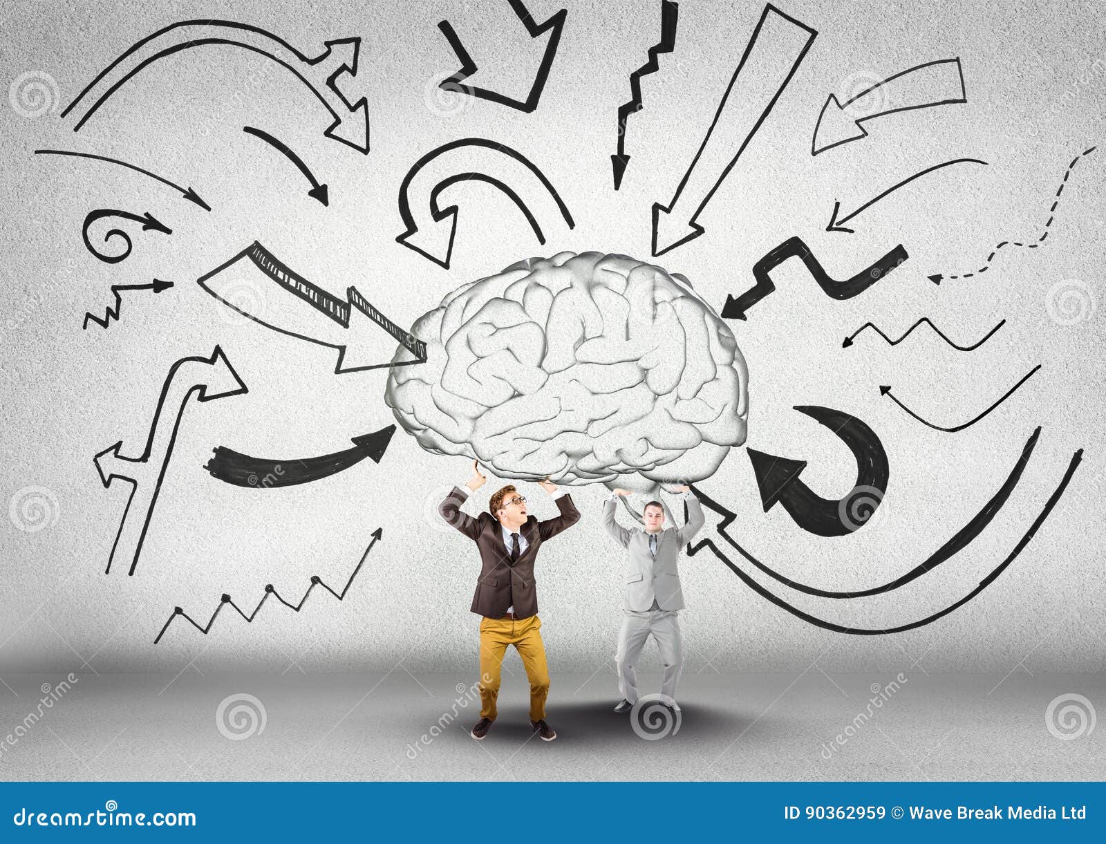 Two Business Mans Carrying the Brain with Arrows Graphic Stock ...