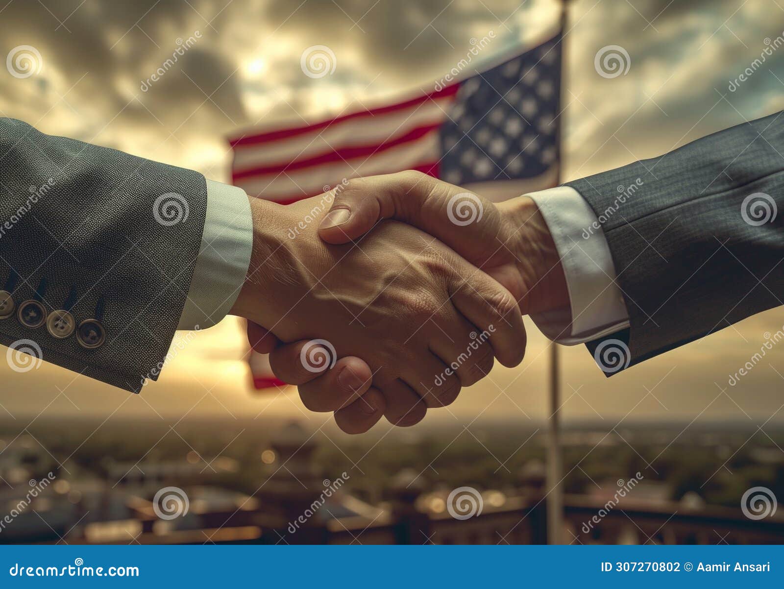 Two Business Members Handshake in Front of an American Flag, American ...