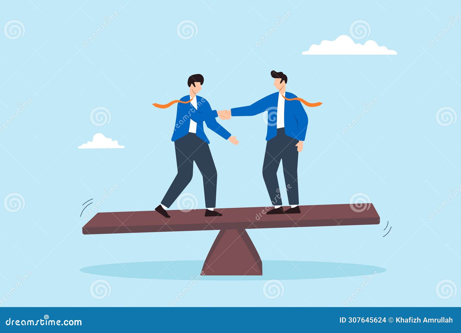 Two Business People Handshake and Balancing on Seesaw Stock ...