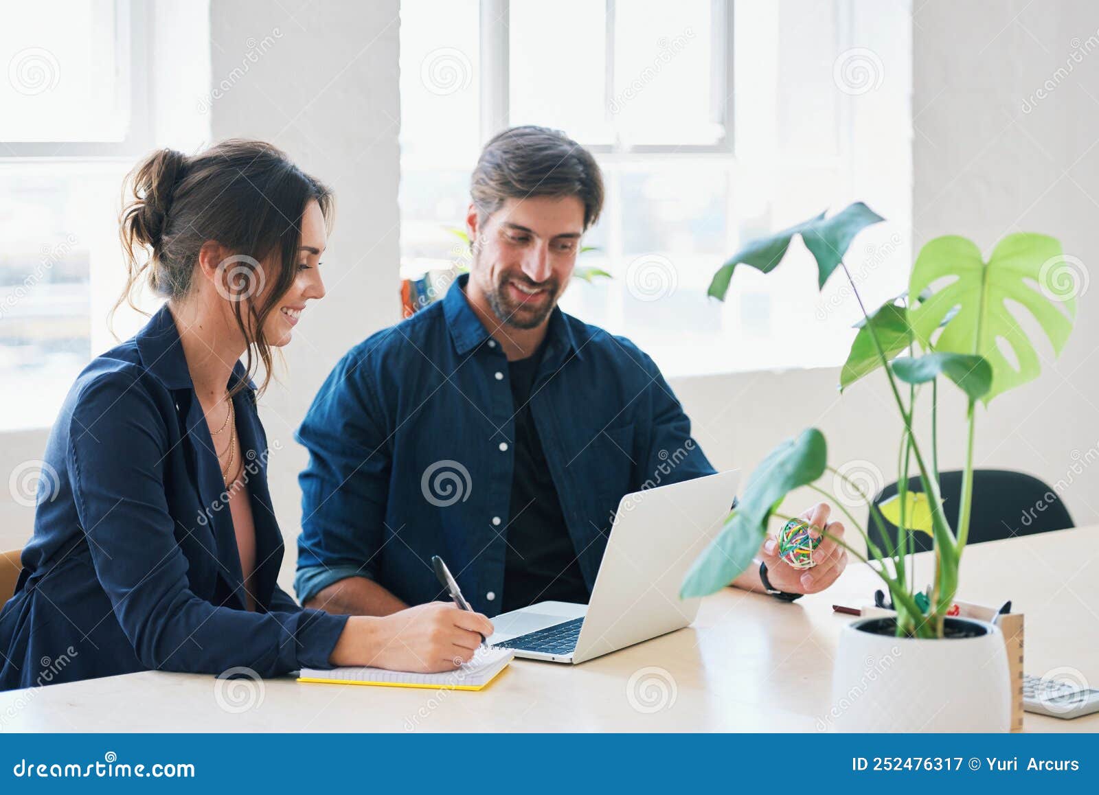 Two Business People Using Laptop Computer Colleagues Working in Office ...