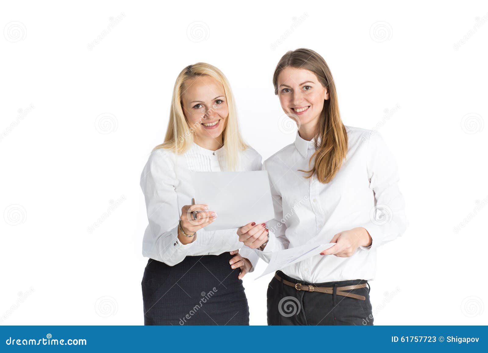 Two Business Women Talking and Signing Document Stock Image - Image of ...