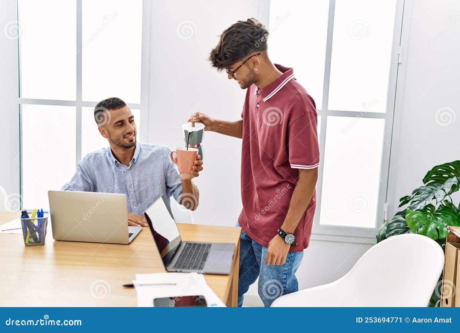 Two Business Workers Smiling Happy Drinking Coffee at the Office Stock ...