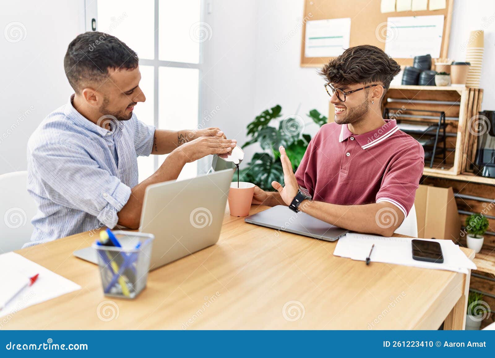Two Business Workers Smiling Happy Drinking Coffee at the Office Stock ...
