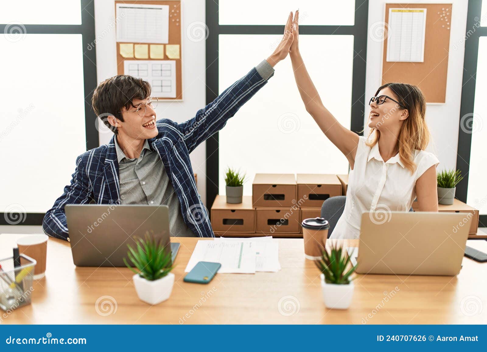 Two Business Workers Smiling Happy High Five at the Office Stock Photo ...