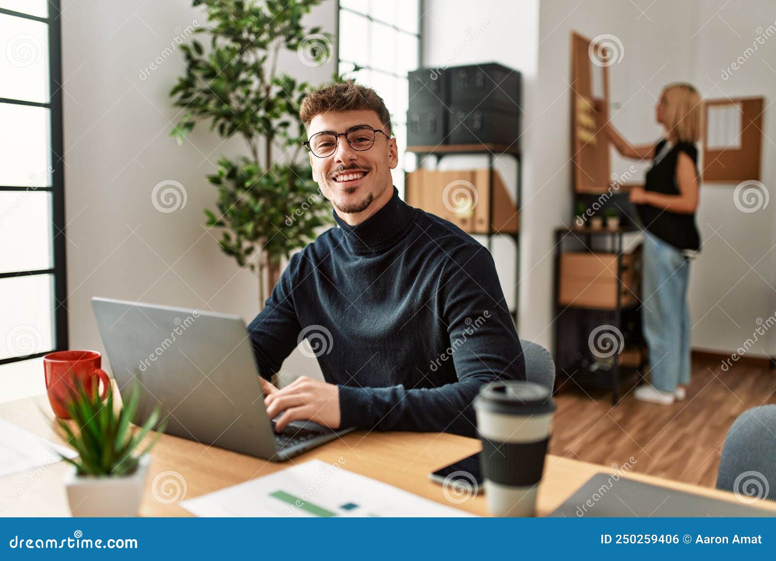 Two Business Workers Smiling Happy Working at the Office Stock Photo ...