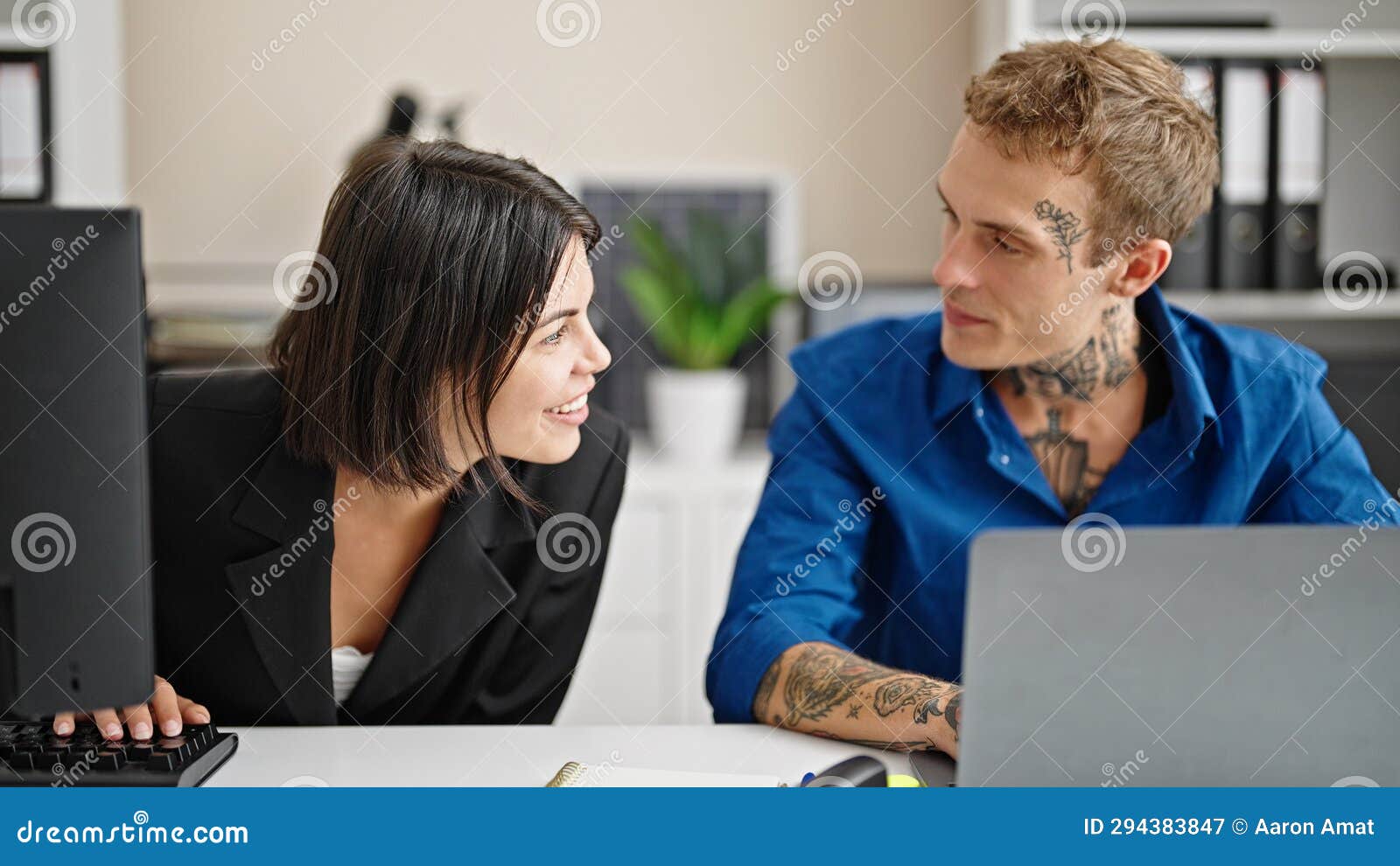 Two Business Workers Working and Speaking at the Office Stock Image ...