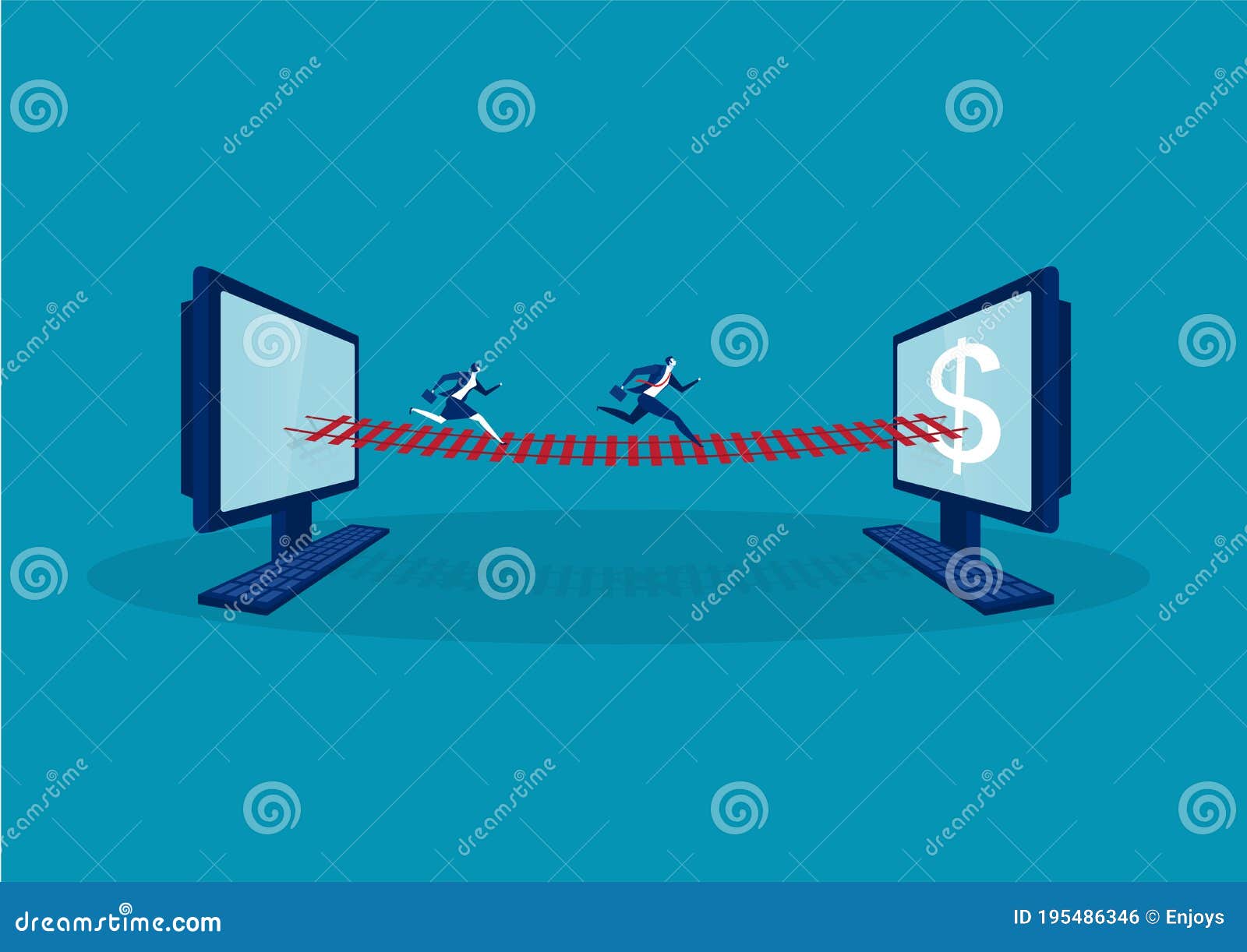 Two Businessman Runs on the Bridge between Two Computer Invesment ...