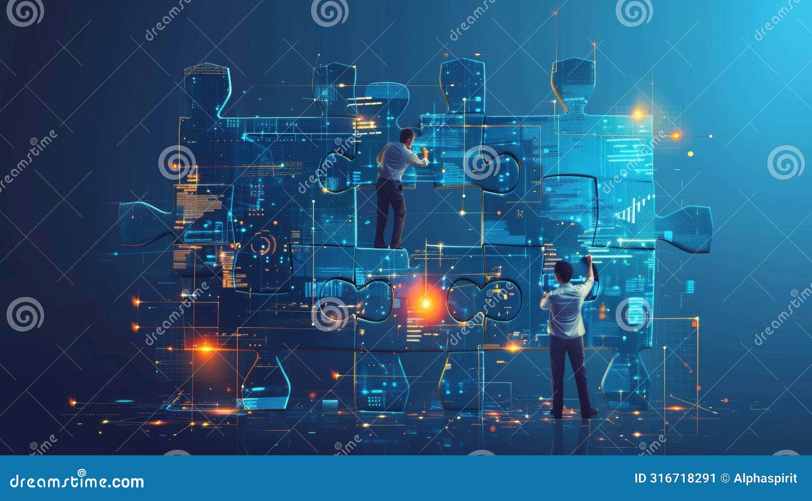 Two Businessmen Assembling a Futuristic Puzzle, Symbolizing Strategy ...