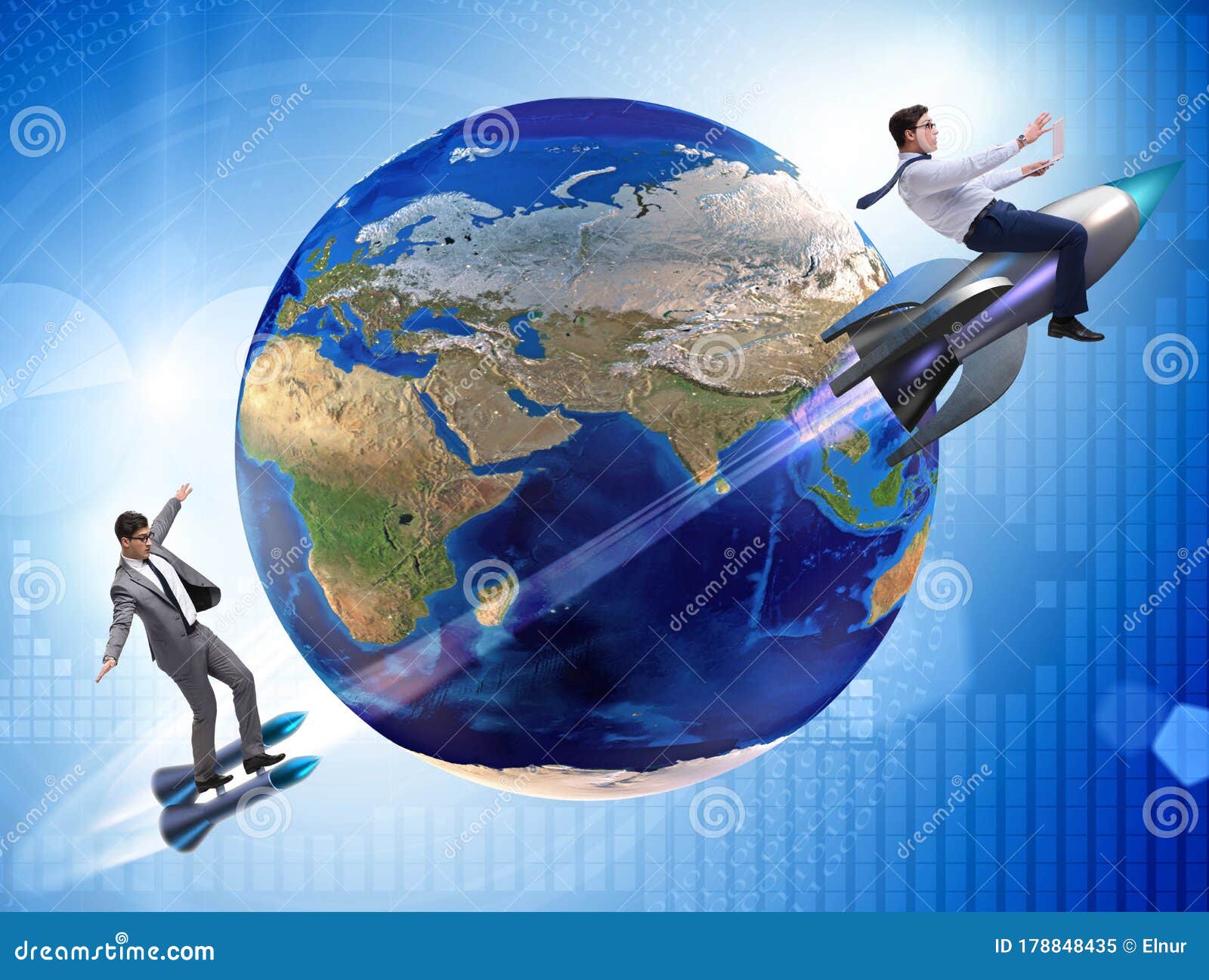 Two Businessmen Chasing Around Globe Stock Image - Image of flying ...