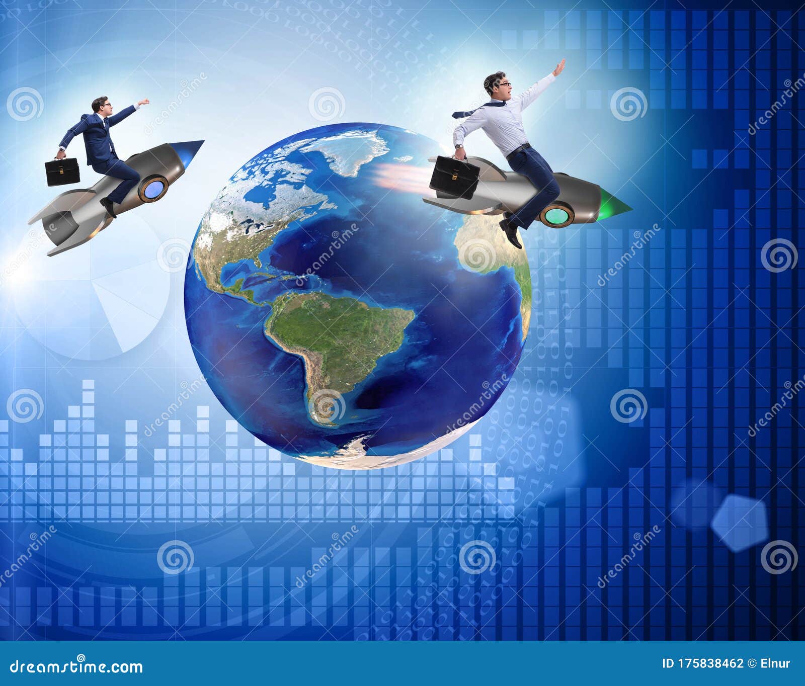 Two Businessmen Chasing Around Globe Stock Photo - Image of leader ...