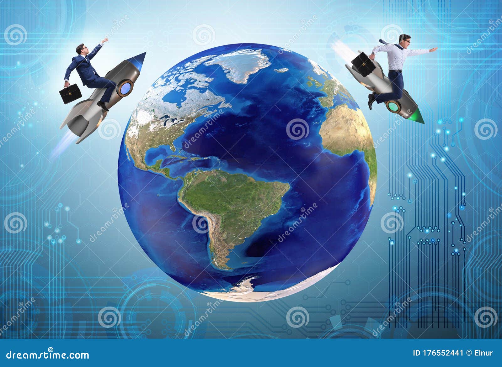 Two Businessmen Chasing Around Globe Stock Image - Image of digital ...