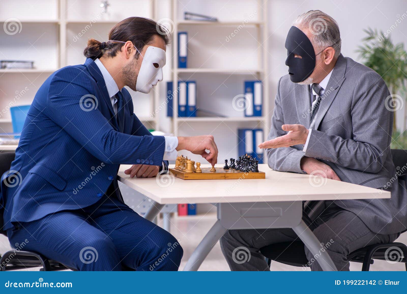 Two Businessmen Playing Chess Wearing Masks Stock Photo - Image of ...