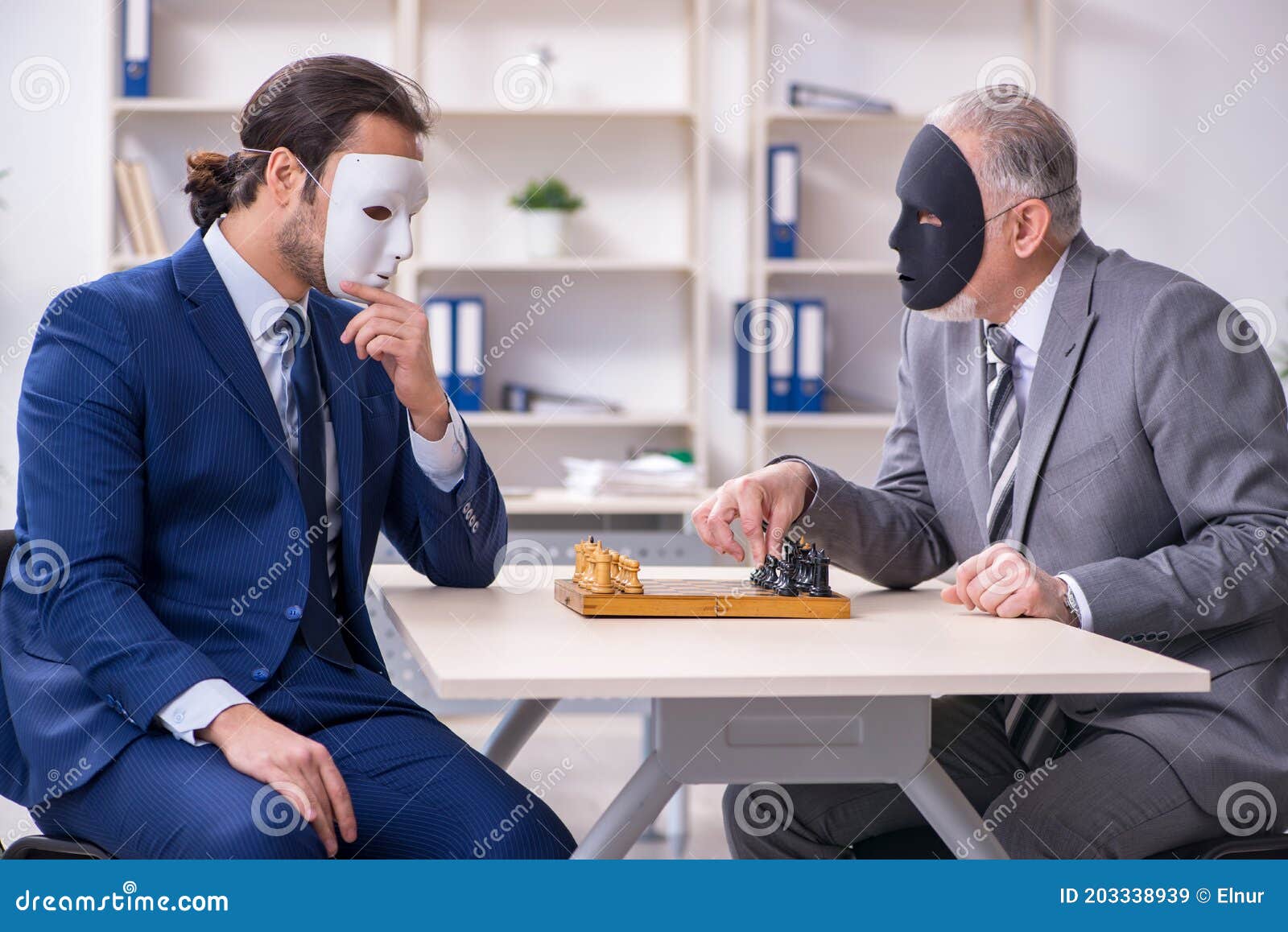 Two Businessmen Playing Chess Wearing Masks Stock Image - Image of game ...