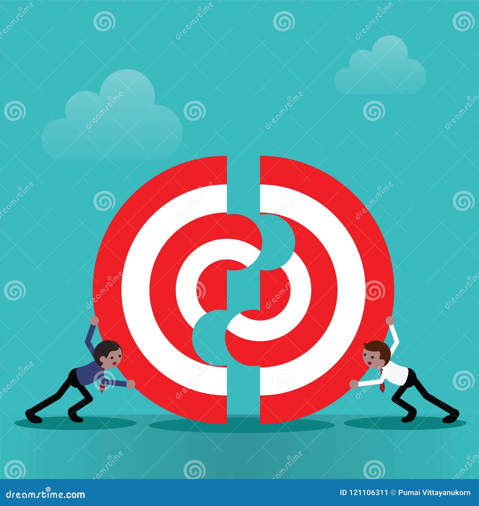 Two Businessmen Pushing a Pieces of Big Target Together Stock Vector ...
