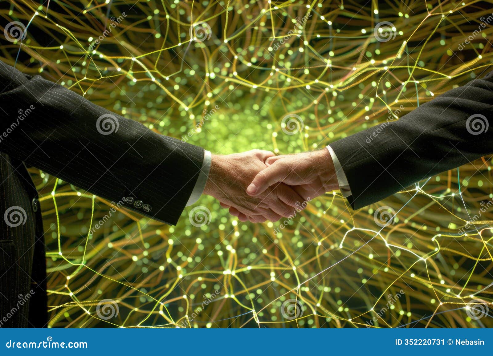 Two Businessmen Shaking Hands in Front of Abstract Neural Network ...