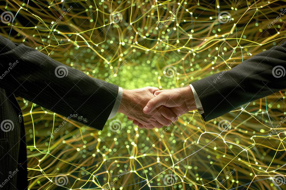 Two Businessmen Shaking Hands in Front of Abstract Neural Network ...
