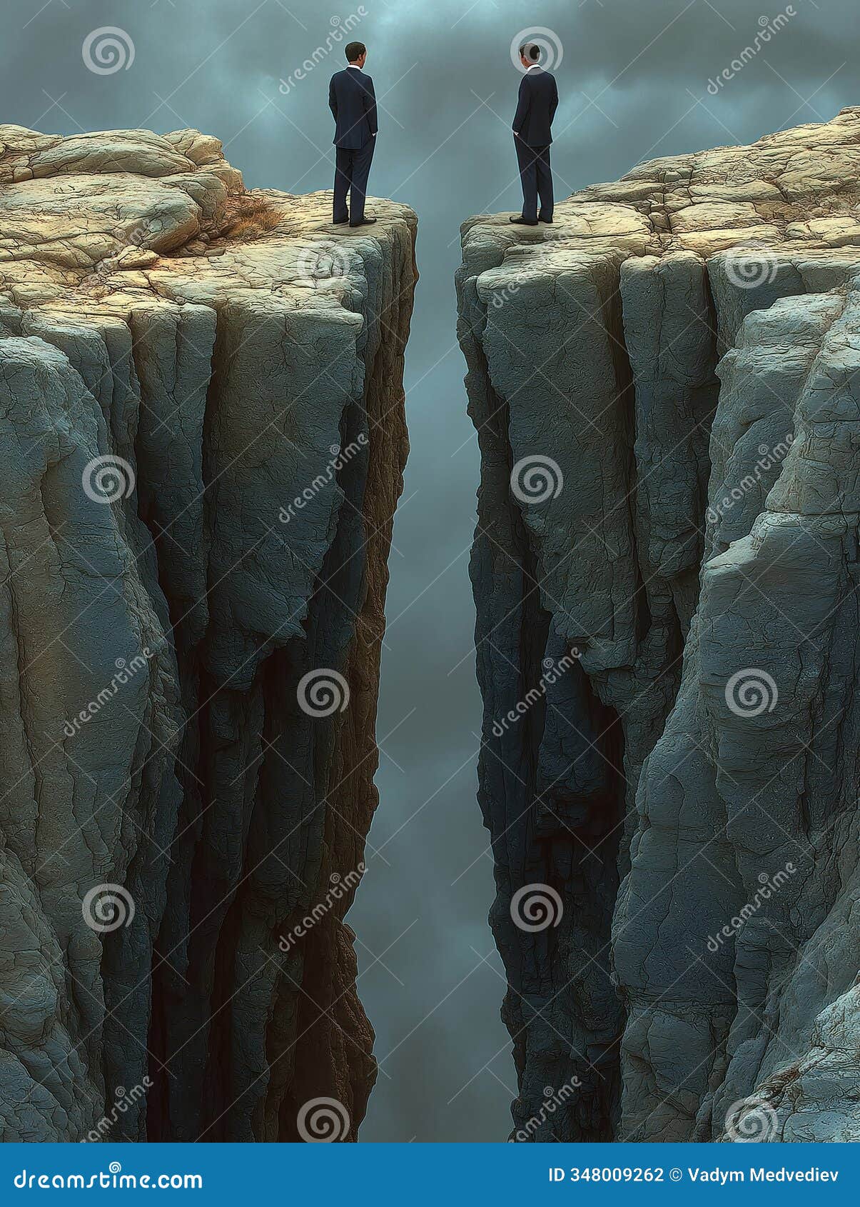 Two Businessmen Stand on Opposing Cliffs. Deep Chasm Separates. Image ...