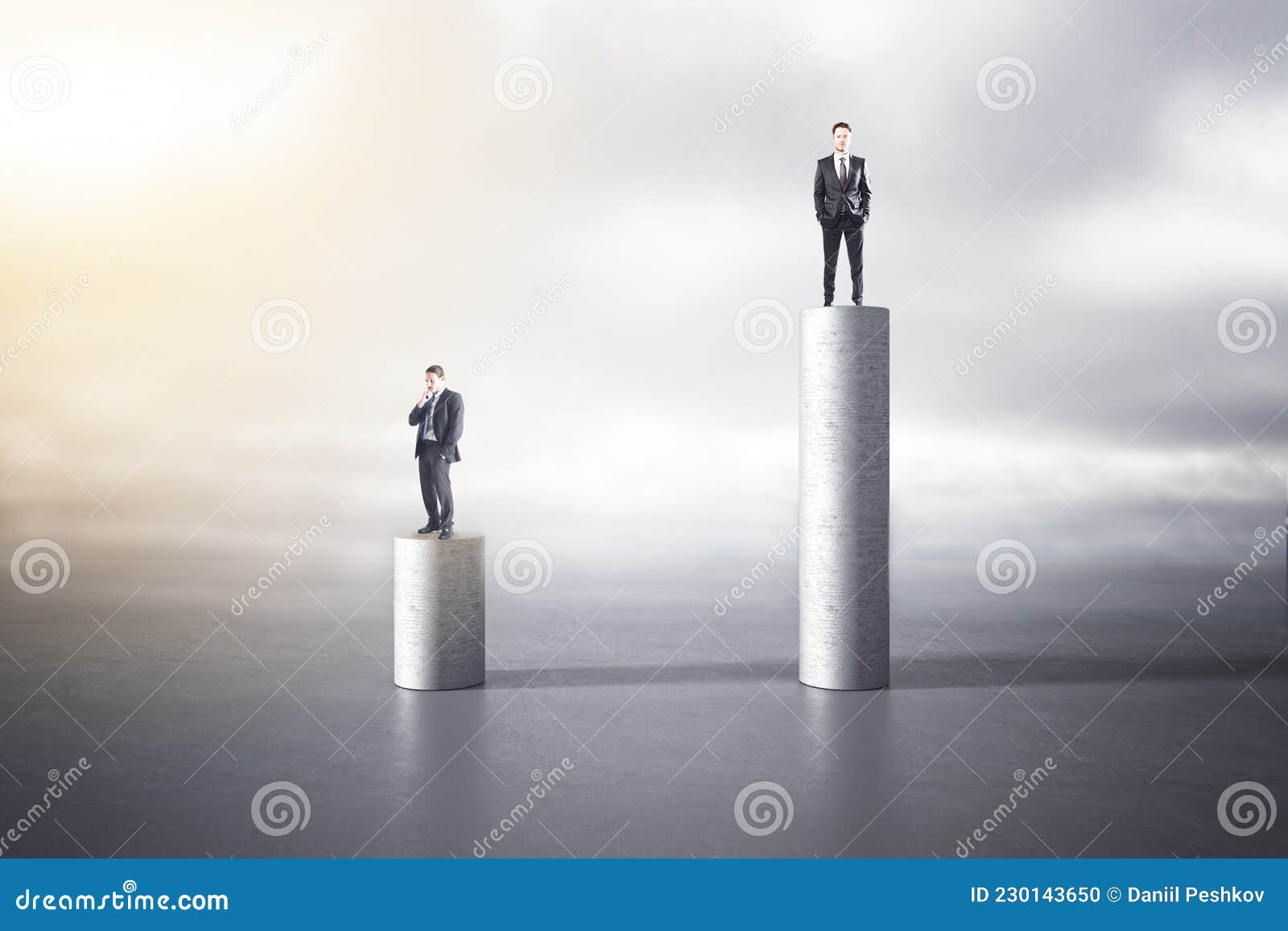 Two Businessmen Standing on Abstract Pillars on Sky Background ...