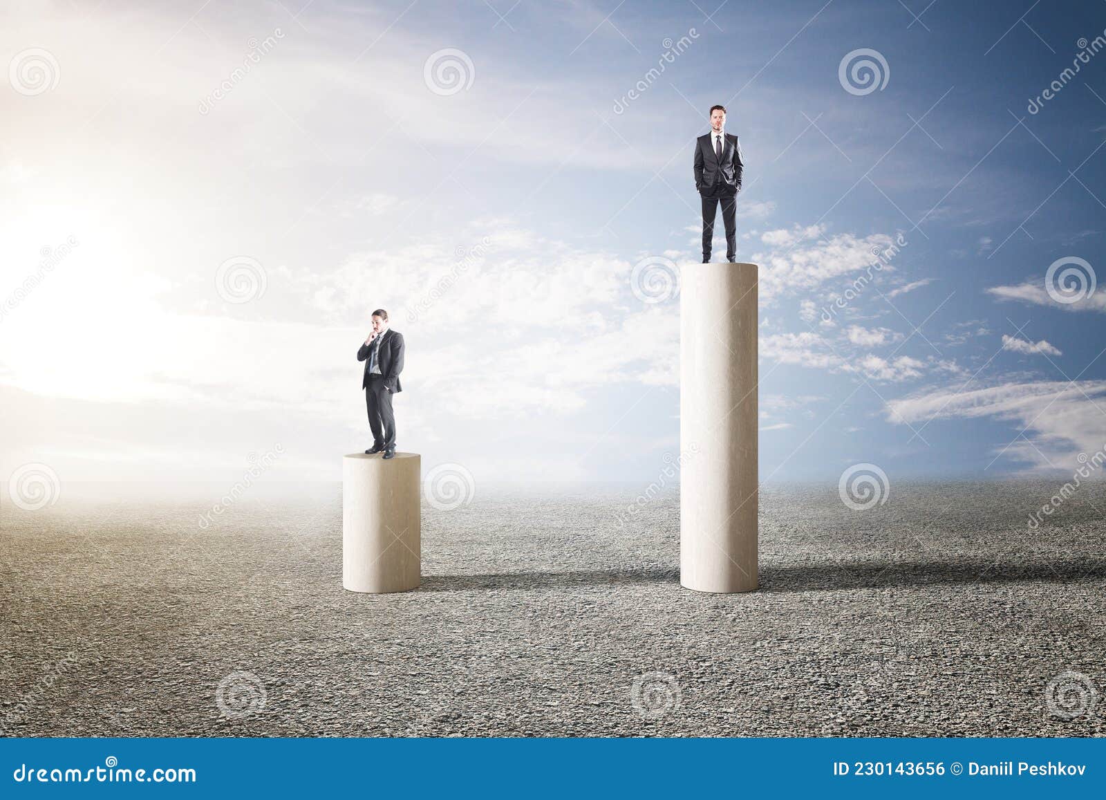 Two Businessmen Standing on Abstract Pillars on Sky Background ...