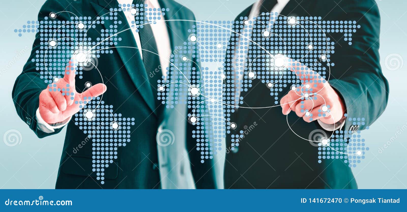 Two Businessmen Touching World Map Virtual Button. Concepts of ...