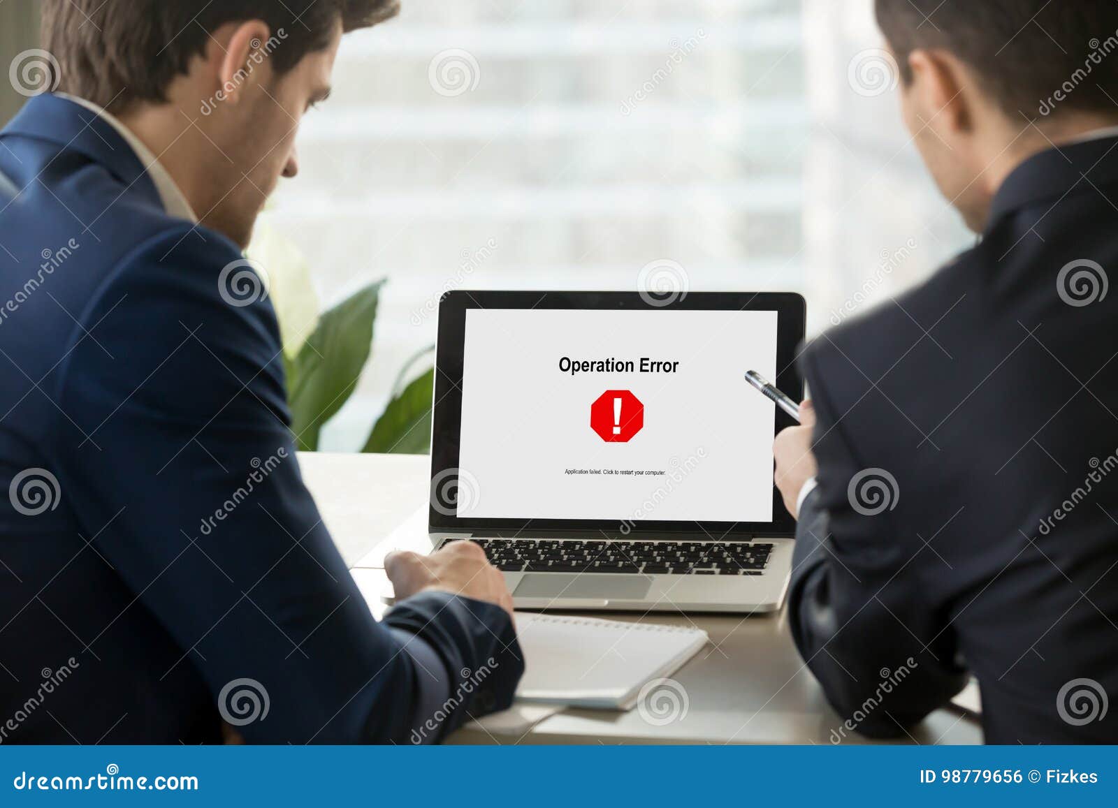 Two Businessmen Looking at Broken Laptop, Operating System Crash Stock ...