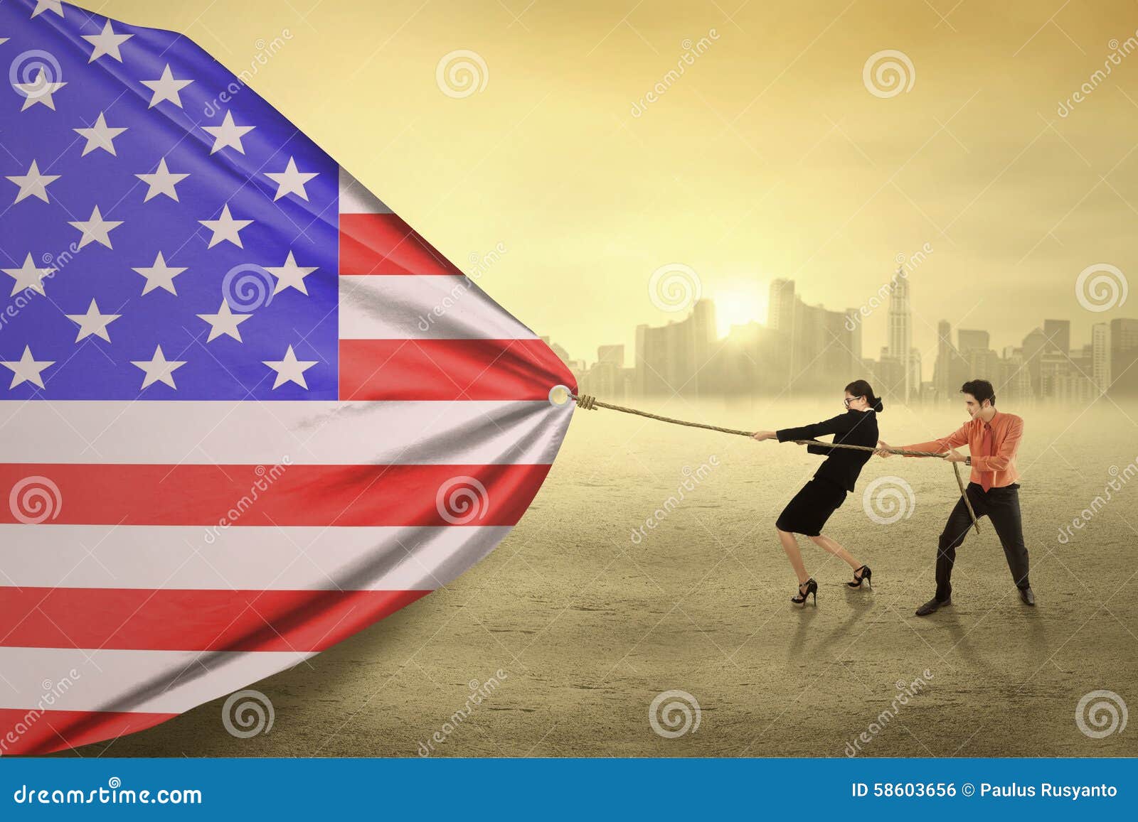 Two Businesspeople Pulling an American Flag Stock Photo - Image of flag ...