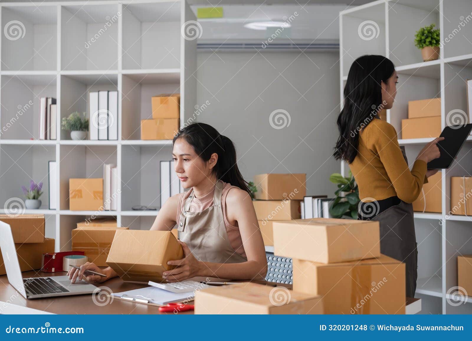 Two Businesswomen Organizing and Preparing Packages for Shipping in ...