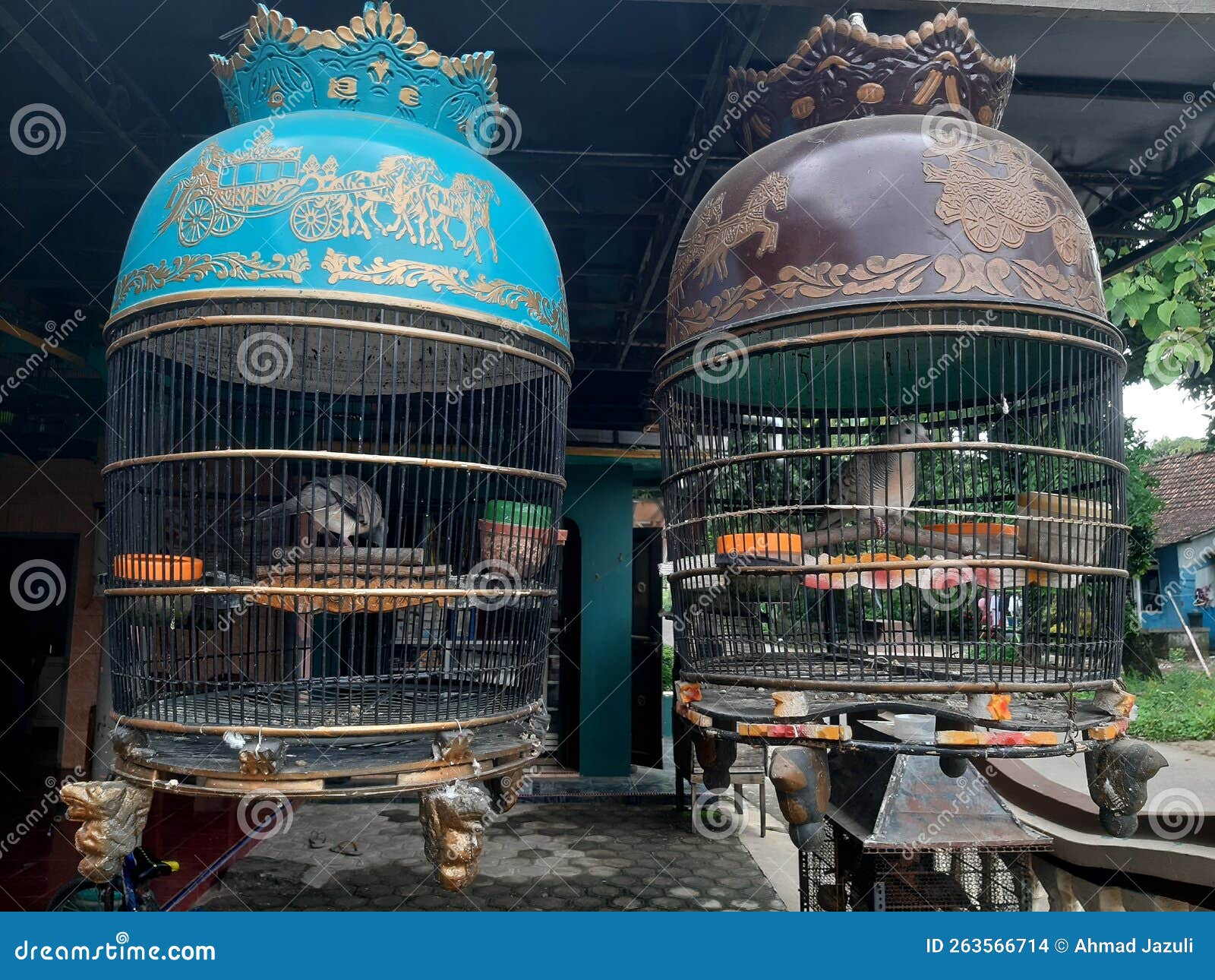 Two Cages Containing One Kneeling Bird Stock Photo - Image of landmark ...