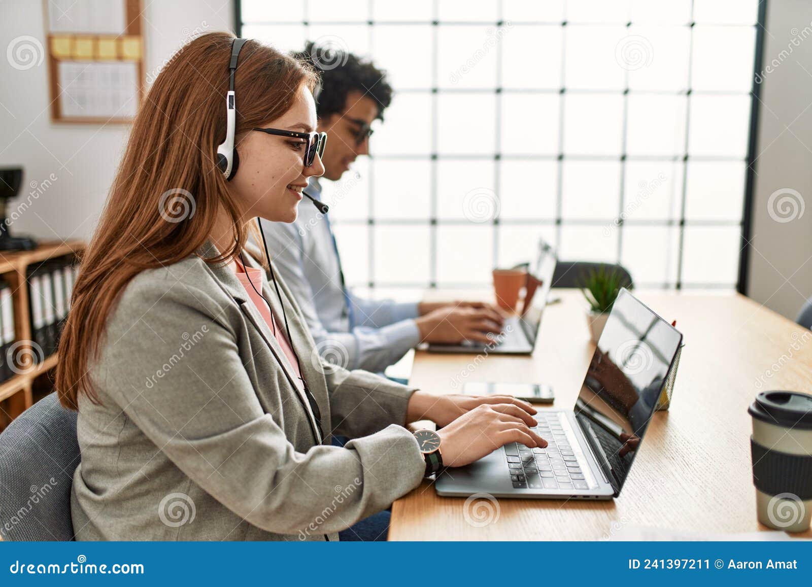 Two Call Center Agent Smiling Happy Working at the Office Stock Image ...