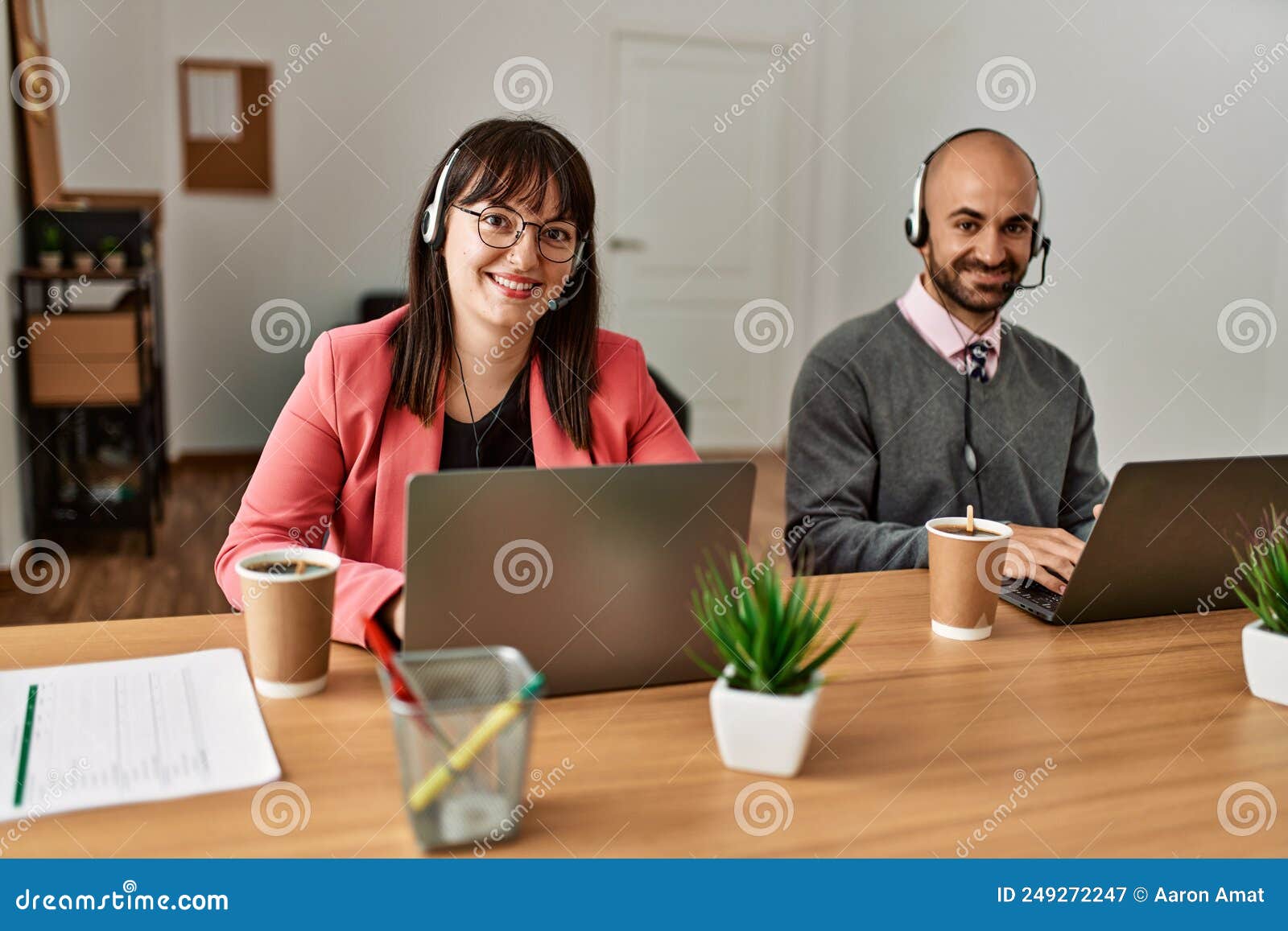 Two Call Center Agent Smiling Happy Working at the Office Stock Image ...