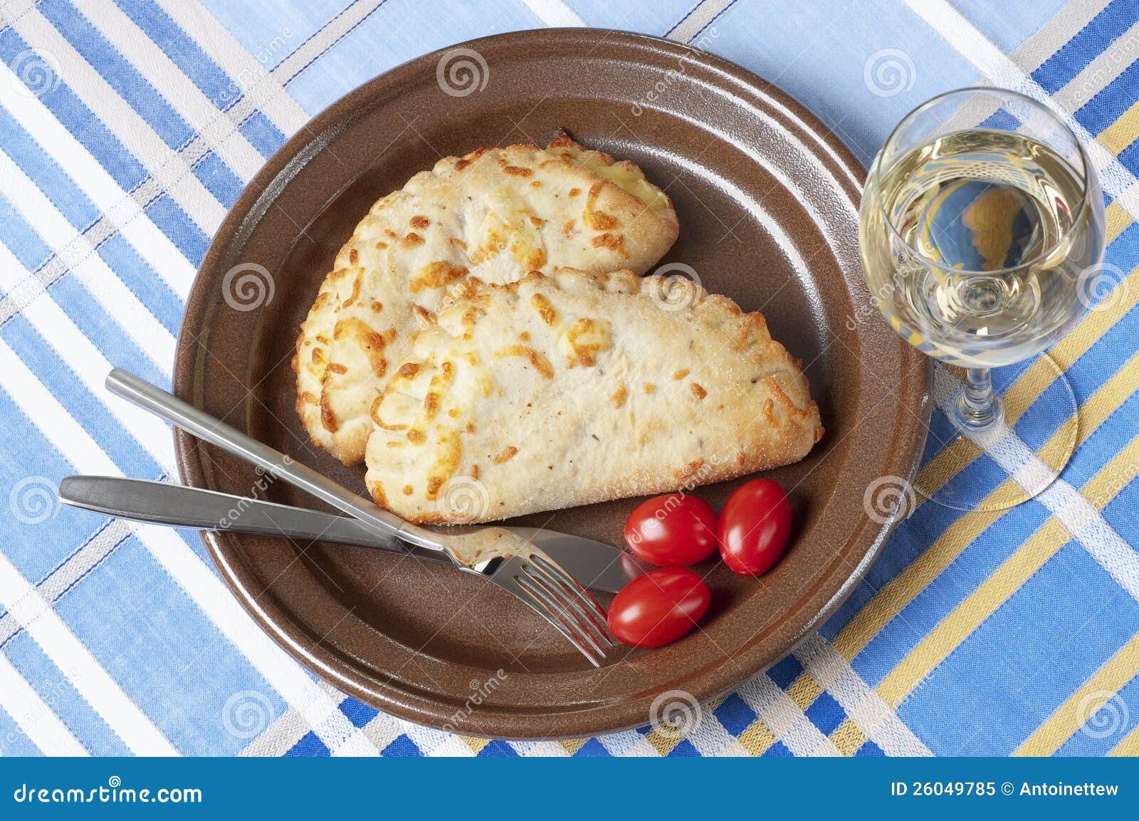 Two Calzone Bread and White Wine Stock Image - Image of cheese ...