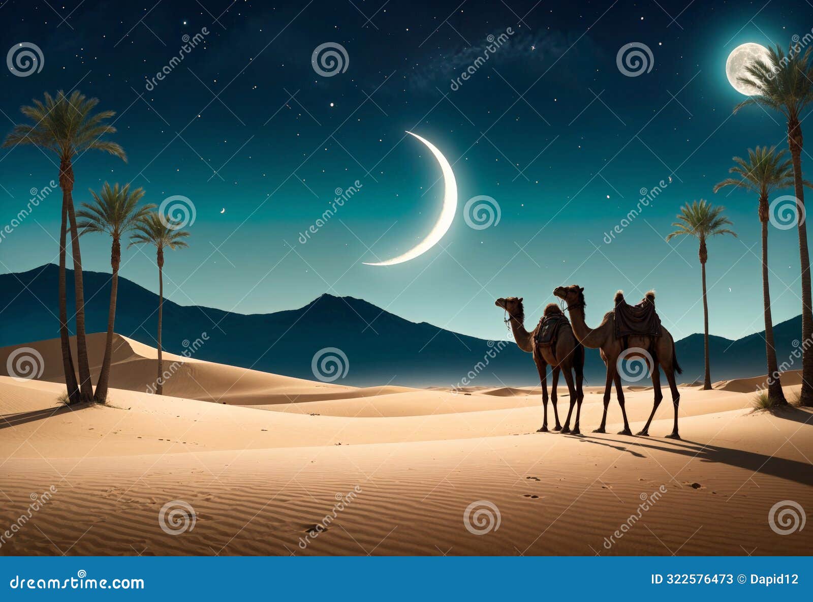 Two Camels in the Desert at Night with a Crescent Moon and Palm Trees ...