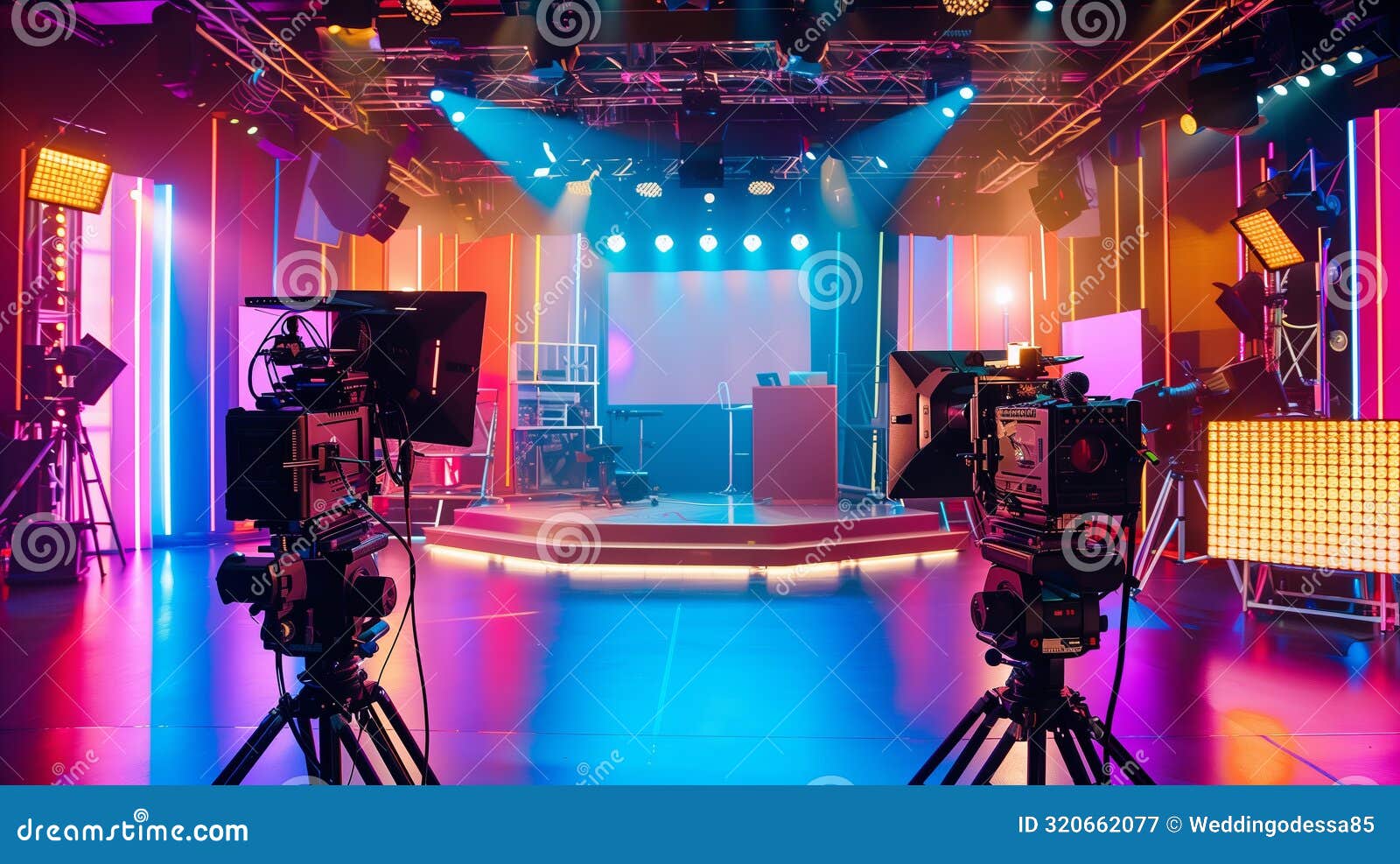 Two Camera Cameras in a Filming Studio, Aimed at a Mini Stage for ...