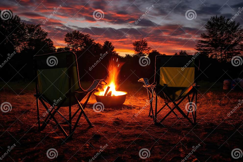 Two Camping Chairs in Front of a Bonfire Stock Photo - Image of leisure ...