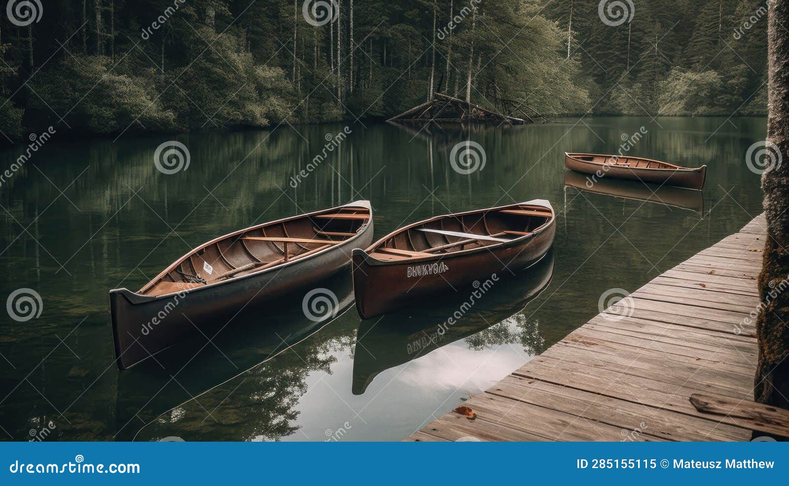 Two Canoes on a Dock in a Mountain Lake Stock Illustration ...