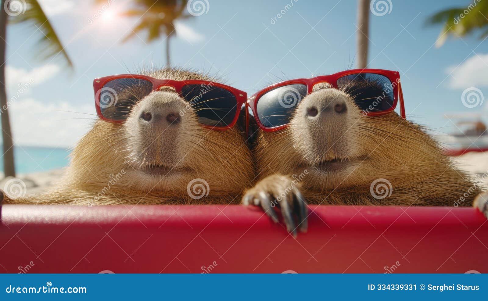 Two Capybaras with Red Sunglasses on Top of a Beach, AI Stock Image ...
