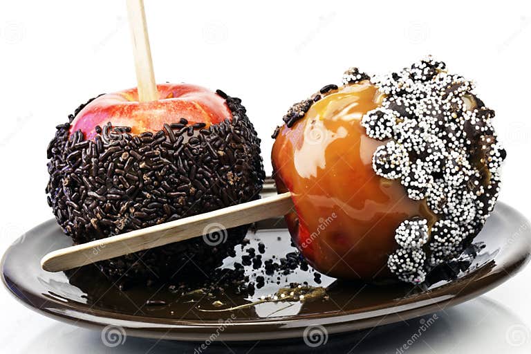 Two Caramel Candy Apples with Chocolate Stock Photo - Image of fall ...