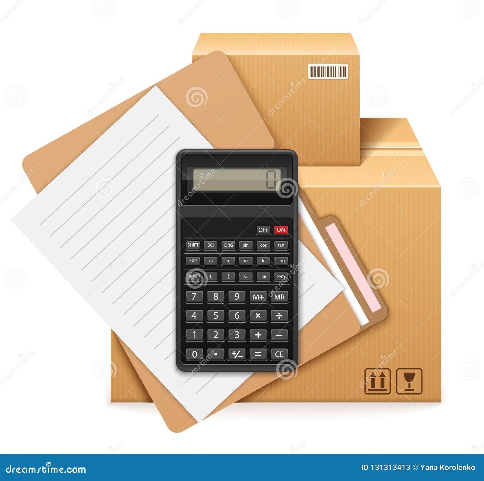 Two Cardboard Boxes, Folder, Form and Calculator. Stock Vector ...